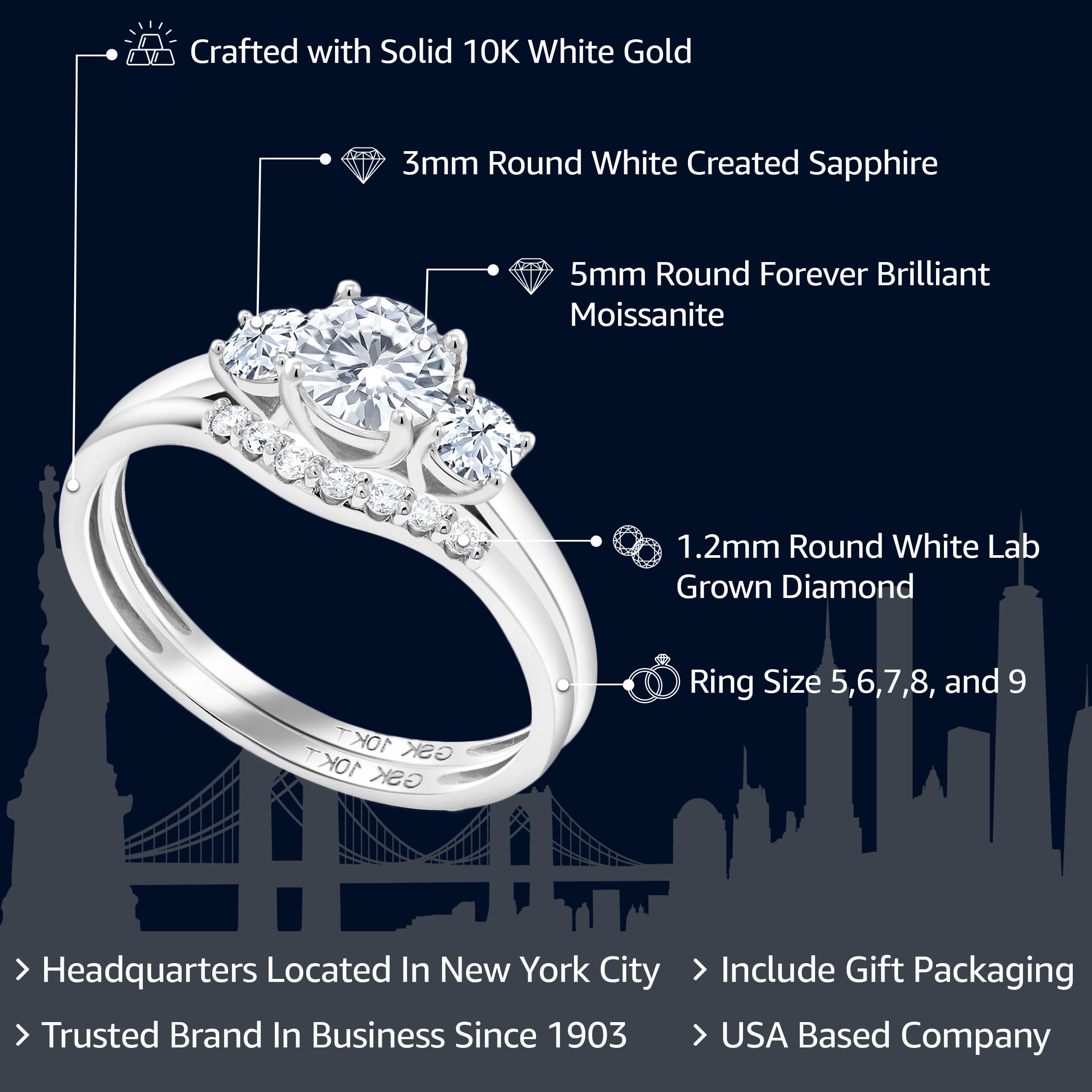 10K White Gold Moissanite From Charles & Colvard White Created Sapphire and Lab Grown Diamond 3-Stone Bridal Engagement Wedding Ring Set For Women | 0.83 Cttw | Available in Size 5,6,7,8,9