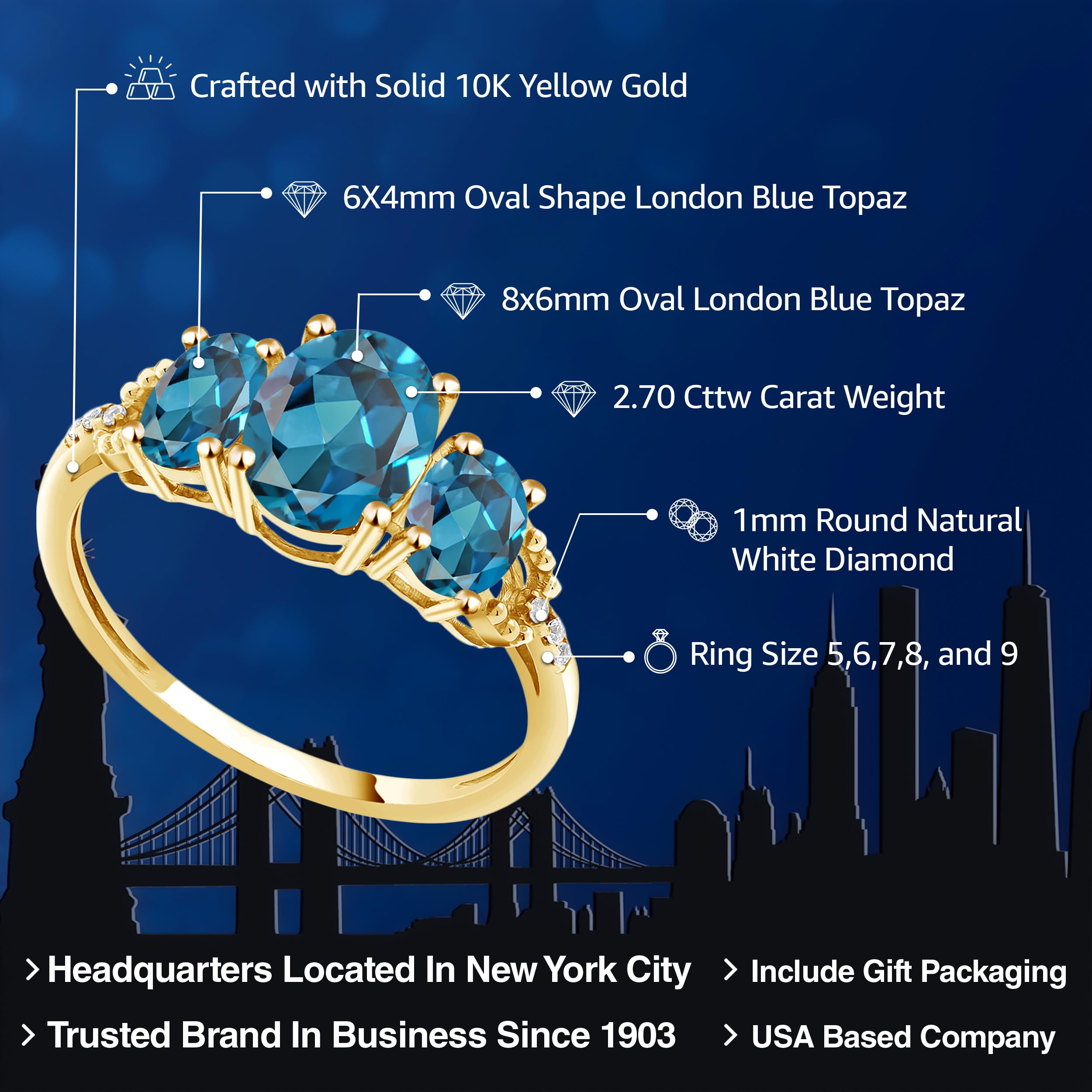 Gem Stone King 10K Yellow Gold London Blue Topaz and Diamond Accent 3-Stone Engagement Ring | 2.70 Cttw | 3 Stone Wedding Anniversary Promise Ring For Women | Size 5-9.5