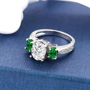 Gem Stone King 2.80 Cttw White Moissanite and Green Created Emerald 3-Stone Engagement Ring In 925 Sterling Silver | 3 Stone Wedding Anniversary Promise Ring For Women (Size 6)