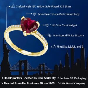 Gem Stone King 18K Yellow Gold Plated Silver Red Created Ruby Ring For Women (1.84 Cttw, Heart Shape 8MM, Gemstone Birthstone, Available In Size 5, 6, 7, 8, 9)