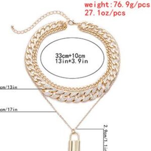 COLORFUL BLING Shiny Hip Hop Rhinestone Cuban Link Chain Lock Pendant Necklace With Bracelet Set Punk Cubic Zircon Layered Choker Necklace for Women Unisex Jewelry-A gold