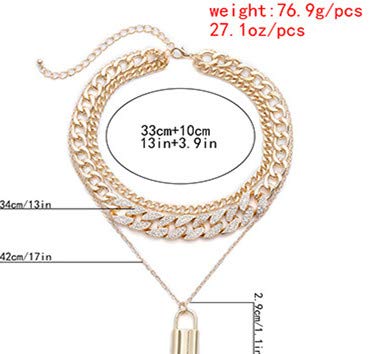 COLORFUL BLING Shiny Hip Hop Rhinestone Cuban Link Chain Lock Pendant Necklace With Bracelet Set Punk Cubic Zircon Layered Choker Necklace for Women Unisex Jewelry-A gold