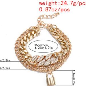 COLORFUL BLING Shiny Hip Hop Rhinestone Cuban Link Chain Lock Pendant Necklace With Bracelet Set Punk Cubic Zircon Layered Choker Necklace for Women Unisex Jewelry-A gold