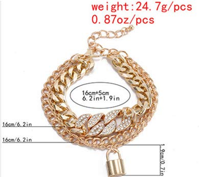 COLORFUL BLING Shiny Hip Hop Rhinestone Cuban Link Chain Lock Pendant Necklace With Bracelet Set Punk Cubic Zircon Layered Choker Necklace for Women Unisex Jewelry-A gold