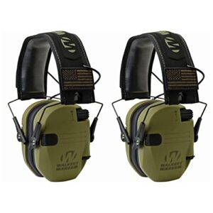 walker's razor slim shooter electronic hunting folding hearing protection earmuffs w/noise reduction and sound amplification, green patriot (2 pack)