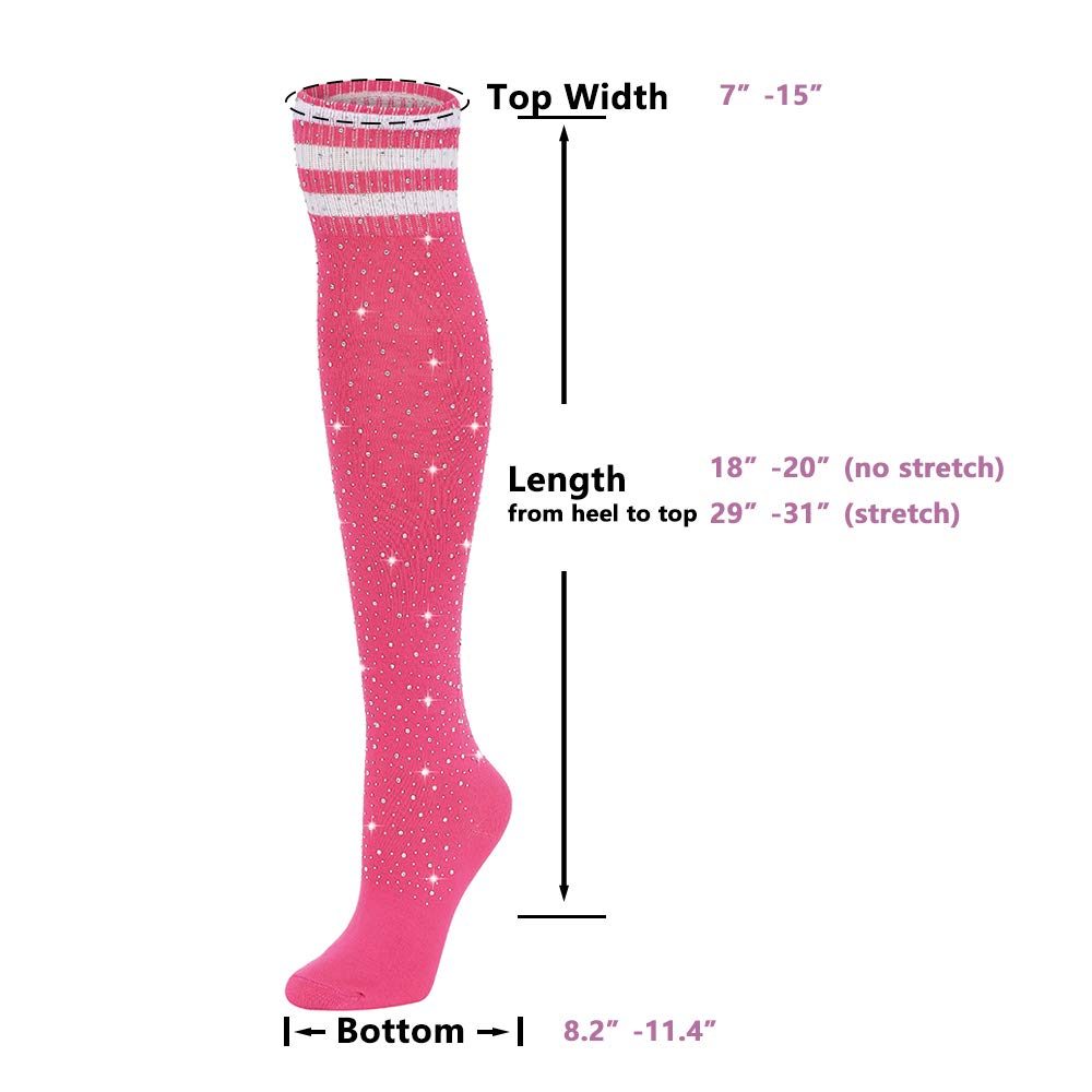 ANNTXL Woman's Rhinestone Over Knee High Socks Stripe Knit Cotton Stockings Leg Warmers for Christmas Valentines day Events (Pink White Stripe)