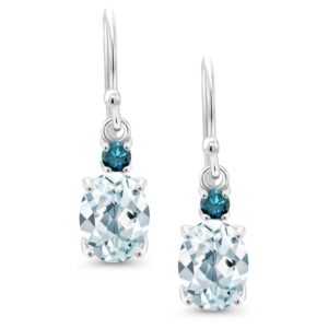 Gem Stone King 10K White Gold Sky Blue Aquamarine and Blue Diamond Dangle Earrings For Women (2.33 Cttw, Gemstone Birthstone, Oval 8x6mm)