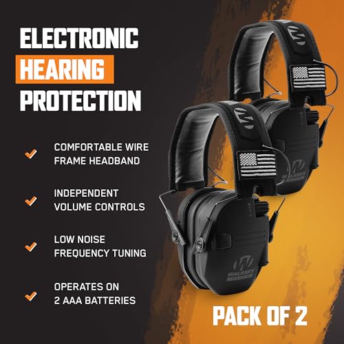 Walker's Razor Slim Patriot Series Electronic Muff Hearing Protection for Shooters and Noise Reduction Earmuffs with 23 dB NRR, Black Patriot, 2 Pack