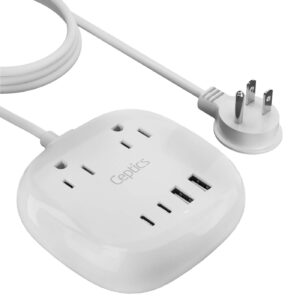 ceptics 65w usb power strip, surge protection small compact, dual usb + usb-c, 2 grounded usa outlets input qc 3.0 pd fast charging quick charge power delivery smartvoltage technology charging hub