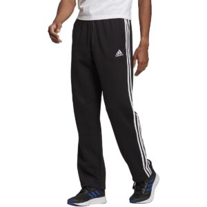 adidas men's essentials fleece open hem 3-stripes pants, black, large/30 inseam