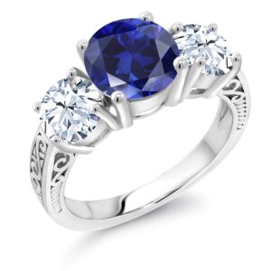 gem stone king 4.50 cttw blue created sapphire and white created sapphire 3-stone ring for women in 925 sterling silver | round 8mm and 6mm | available in size 5, 6, 7, 8, 9