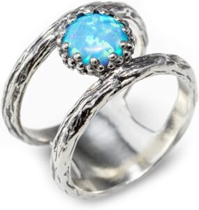 joolala ocean of round blue fire opal 925 sterling silver oxidized finish party band for women and teen girls, size 9