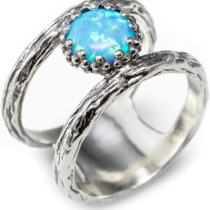 Joolala Ocean of Round Blue Fire Opal 925 Sterling Silver Oxidized Finish Party Band for Women and Teen Girls, Size 9