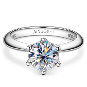 ainuoshi sterling silver moissanite ring, 2.0ct round cut wedding ring, d-e color grade, perfect for wedding, engagement proposal and anniversary.