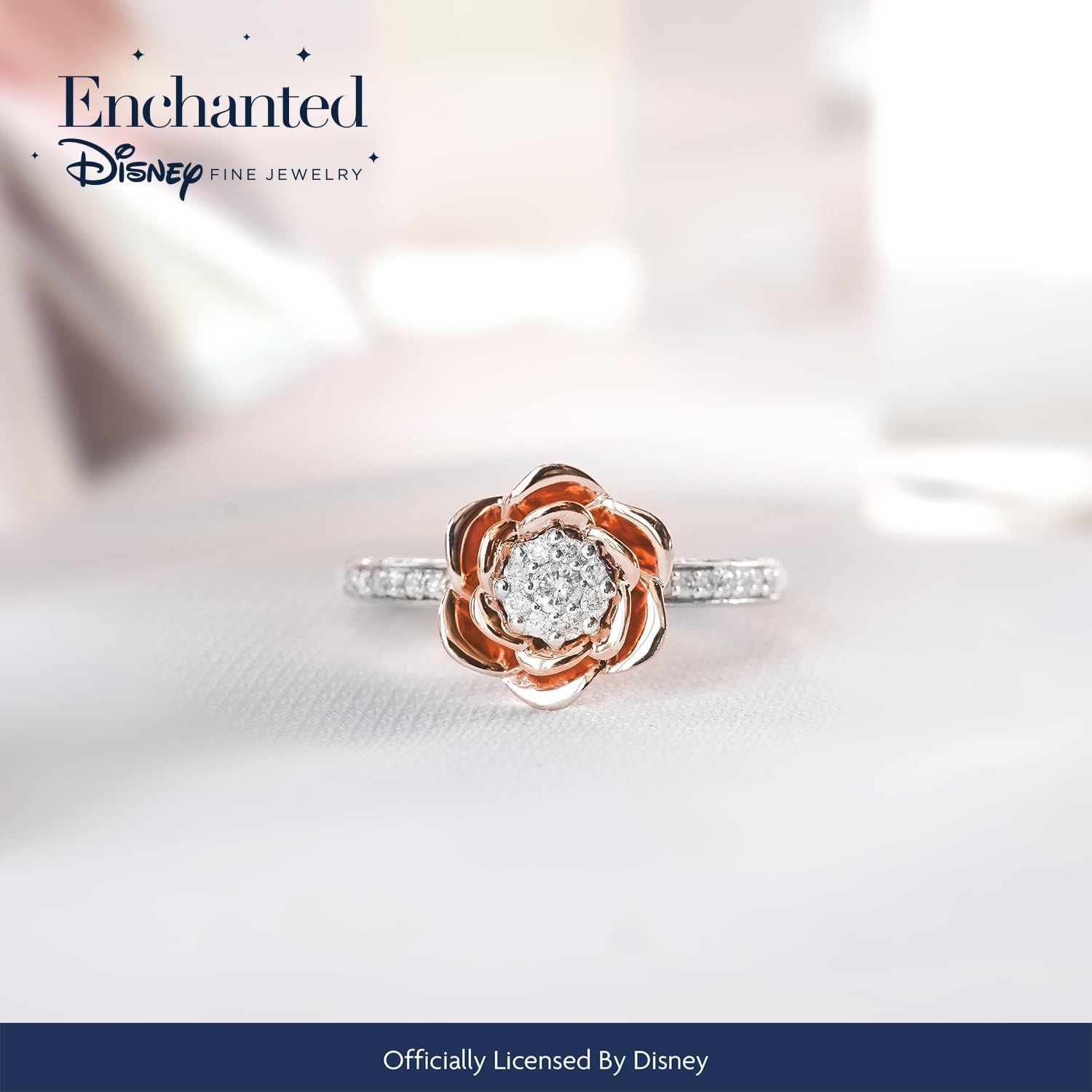 Jewelili Enchanted Disney Fine Jewelry 14K Rose Gold Over Sterling Silver 1/4 Cttw Belle Rose Composite Ring, Size 9