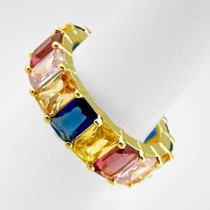 ORENTINI 18K Gold Plated Eternity Rainbow Ring Band For Women with Multi-Color Emerald Cut Cubic Zirconia Gemstones Wedding Band Engagement Anniversary