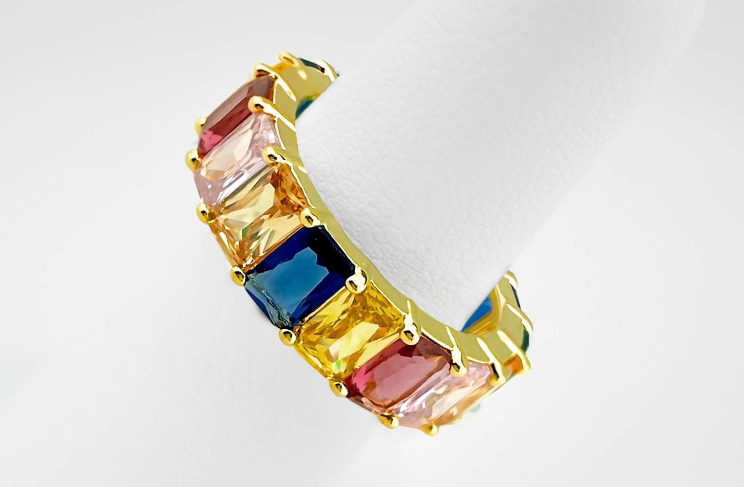 ORENTINI 18K Gold Plated Eternity Rainbow Ring Band For Women with Multi-Color Emerald Cut Cubic Zirconia Gemstones Wedding Band Engagement Anniversary