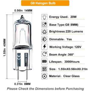 G8 Bulb, 10PCS G8 Halogen Bulb 20W 120V, G8 Base Bi-Pin Xenon Light Bulbs JCD Type, Warm White with Long Lasting Lifetime，G8 Halogen Light Bulbs Dimmable, G8 120V 20W for Under Cabinet Puck Lights