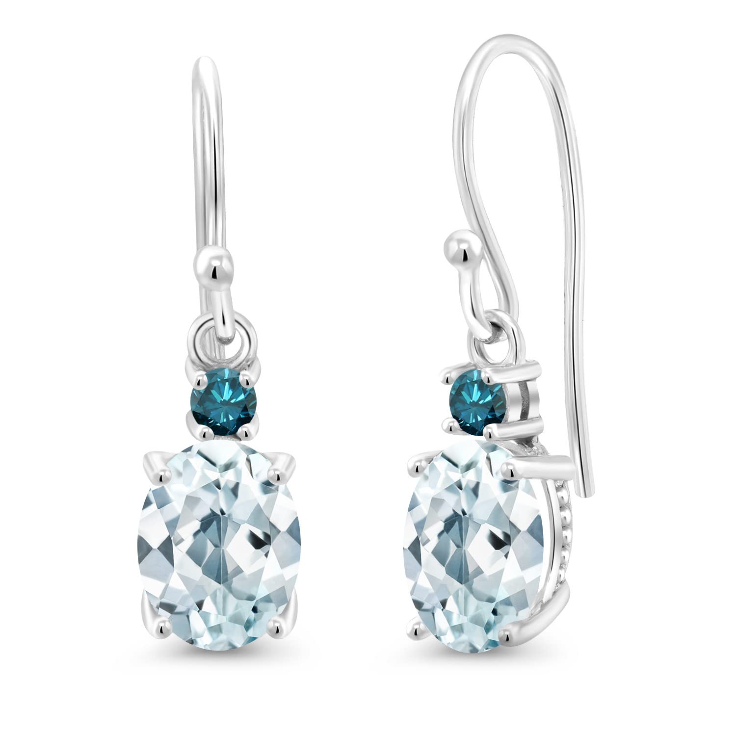 Gem Stone King 10K White Gold Sky Blue Aquamarine and Blue Diamond Dangle Earrings For Women (2.33 Cttw, Gemstone Birthstone, Oval 8x6mm)