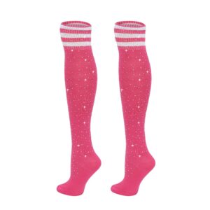 anntxl woman's rhinestone over knee high socks stripe knit cotton stockings leg warmers for christmas valentines day events (pink white stripe)