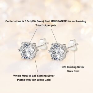 SecreTalk Moissanite Stud Earrings, 1ct C6P D Color Ideal Cut Lab Created Diamond 18K White Gold Plated Earrings for Women with Certificate of Authenticity