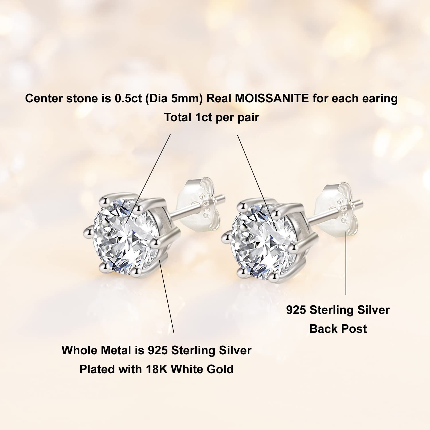 SecreTalk Moissanite Stud Earrings, 1ct C6P D Color Ideal Cut Lab Created Diamond 18K White Gold Plated Earrings for Women with Certificate of Authenticity