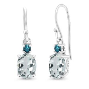 Gem Stone King 10K White Gold Sky Blue Aquamarine and Blue Diamond Dangle Earrings For Women (2.33 Cttw, Gemstone Birthstone, Oval 8x6mm)