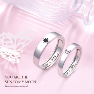 Ladytree 2PCS 925 Sterling Silver Adjustable Rings Couples Promise Engagement Rings for Him and Her Set Sun and Moon 2In1 I Love You Rings