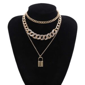 COLORFUL BLING Shiny Hip Hop Rhinestone Cuban Link Chain Lock Pendant Necklace With Bracelet Set Punk Cubic Zircon Layered Choker Necklace for Women Unisex Jewelry-A gold