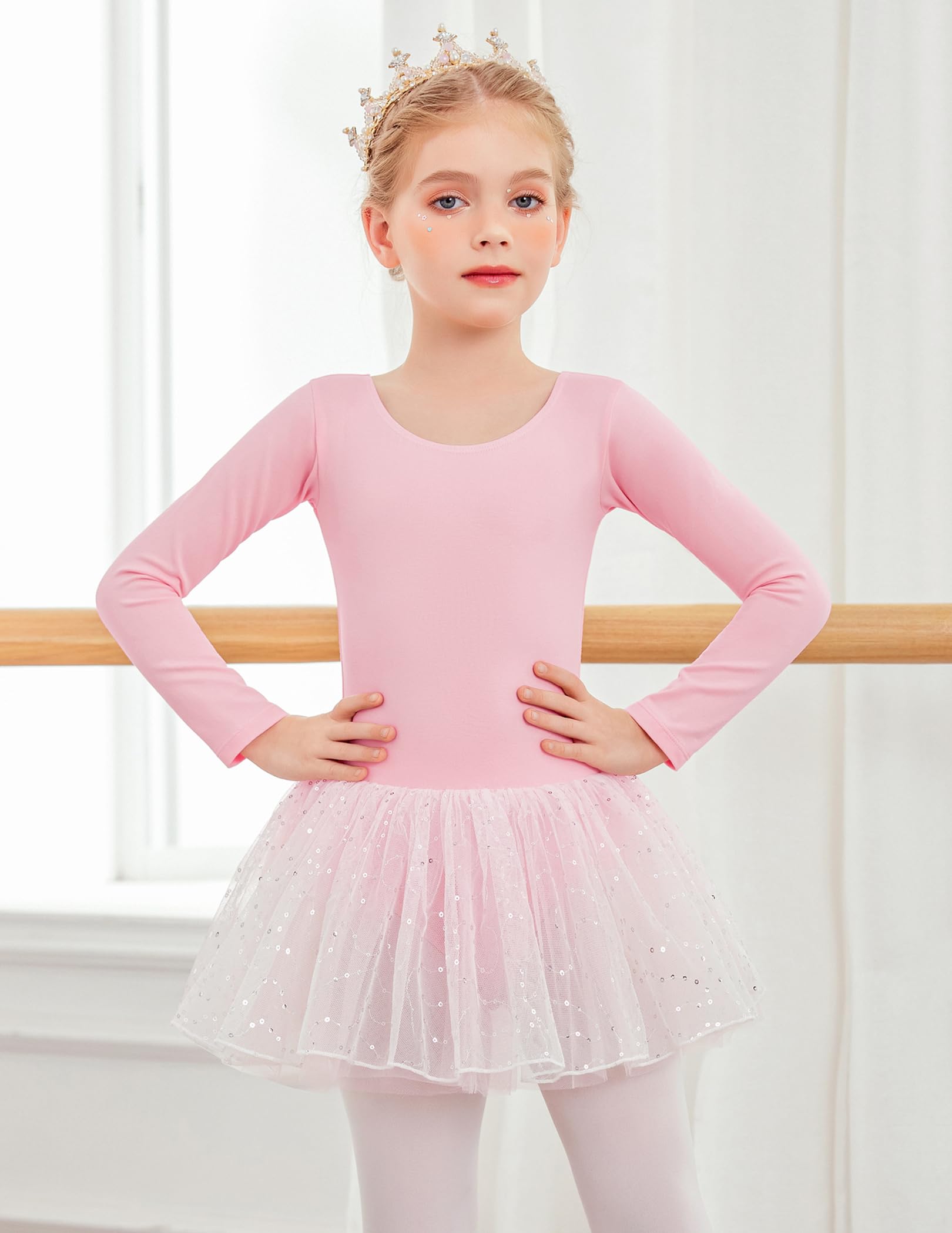 Zaclotre Girls Ballet Tutu Long Sleeve Leotards Dance Dress Ballerina Costume with Skirt Pink Size 4-5 Toddler