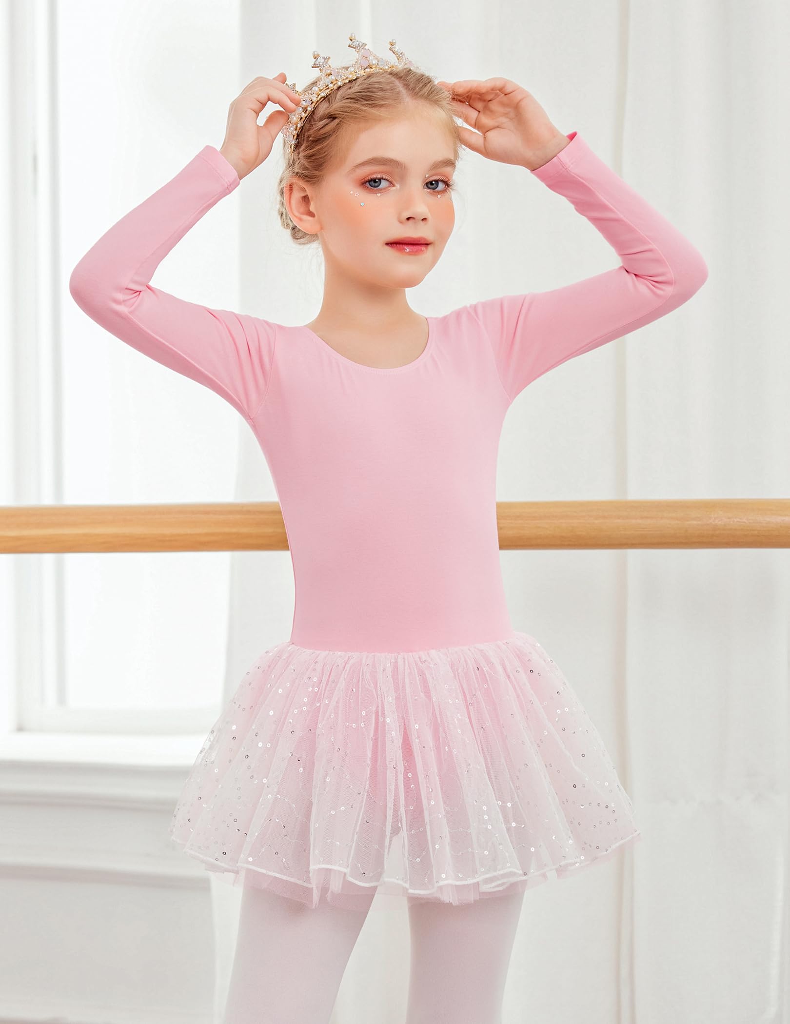 Zaclotre Girls Ballet Tutu Long Sleeve Leotards Dance Dress Ballerina Costume with Skirt Pink Size 4-5 Toddler