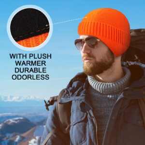 2 Pieces Beanie Watch Hat Winter Ear Flaps Skull Cap Warm Cuff Knit Hat with Plush for Men Outdoor Hunting (Orange)