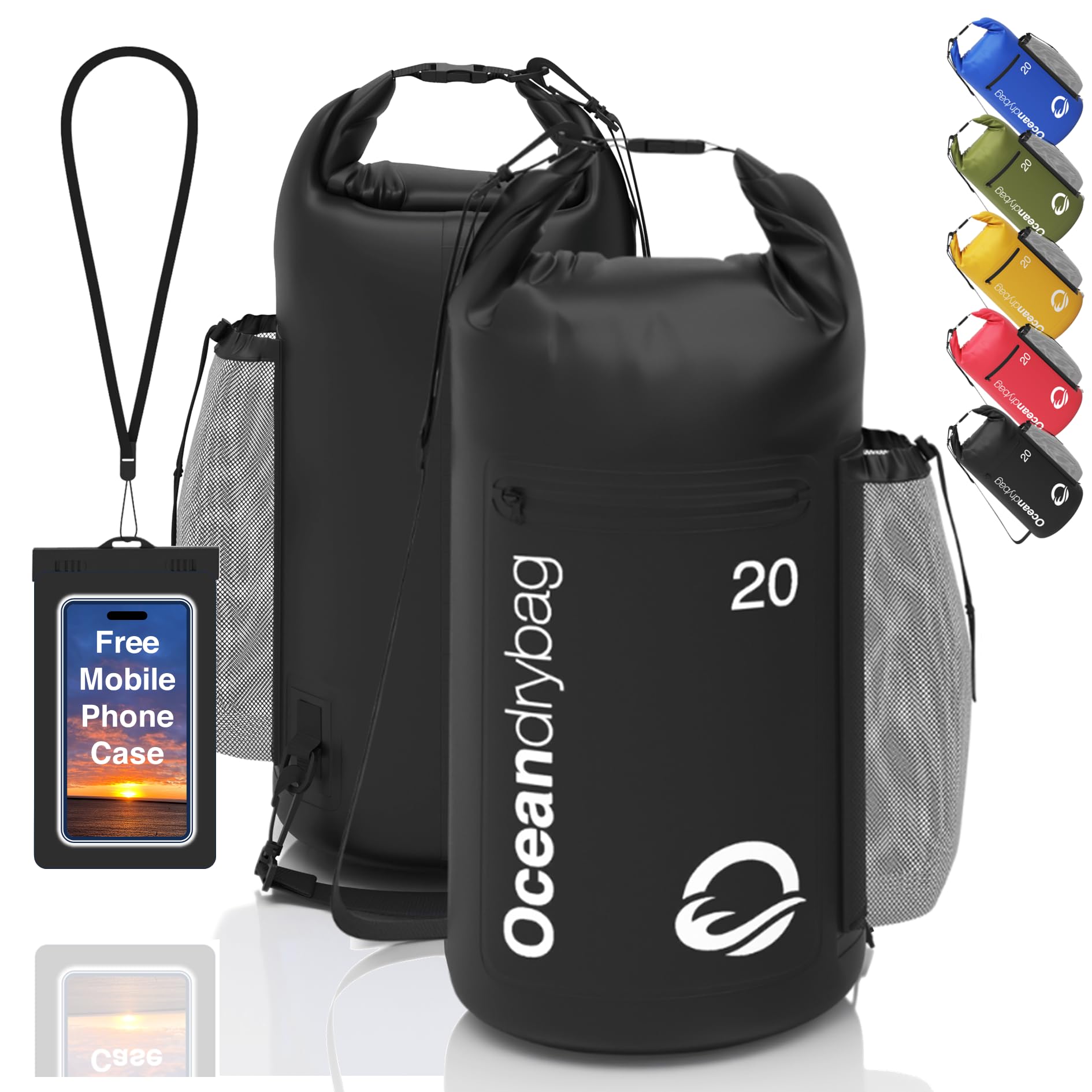 Oceandrybag - Waterproof Dry Bag backpack - Floating Dry Sack Portable for Kayaking, Beach, Rafting, Boating, Hiking, Camping, Fishing with Waterproof Phone Case - Keep Your Gear Clean & Dry