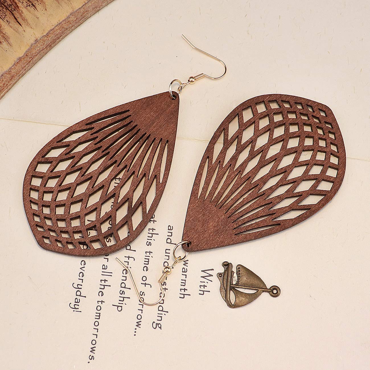 Wovanoo Wood Earrings for Women Natural Wooden Teardrop Drop Dangle Earring Flower Brown