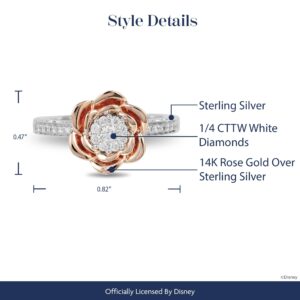 Jewelili Enchanted Disney Fine Jewelry 14K Rose Gold Over Sterling Silver 1/4 Cttw Belle Rose Composite Ring, Size 9