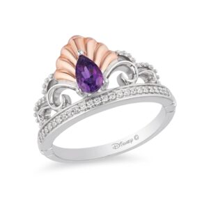 jewelili enchanted disney fine jewelry sterling silver and 10k rose gold with 1/10cttw diamonds and amethyst ariel shell tiara ring, size 9