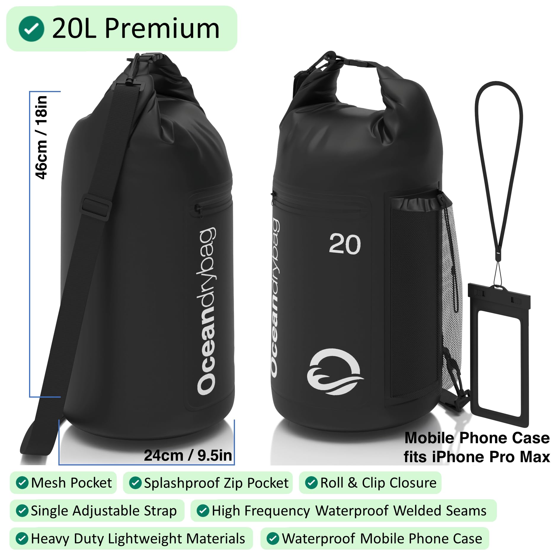 Oceandrybag - Waterproof Dry Bag backpack - Floating Dry Sack Portable for Kayaking, Beach, Rafting, Boating, Hiking, Camping, Fishing with Waterproof Phone Case - Keep Your Gear Clean & Dry