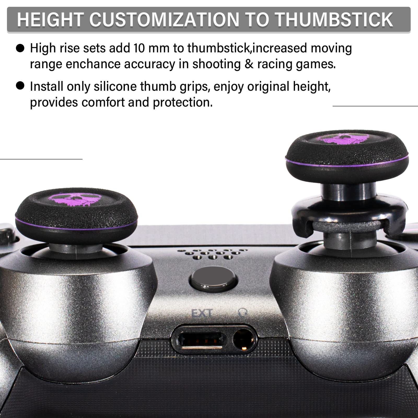 Playrealm FPS Thumbstick Extender & Printing Rubber Silicone Grip Cover 2 Sets for PS5 Dualsenese & PS4 Controller (Ghost Purple)