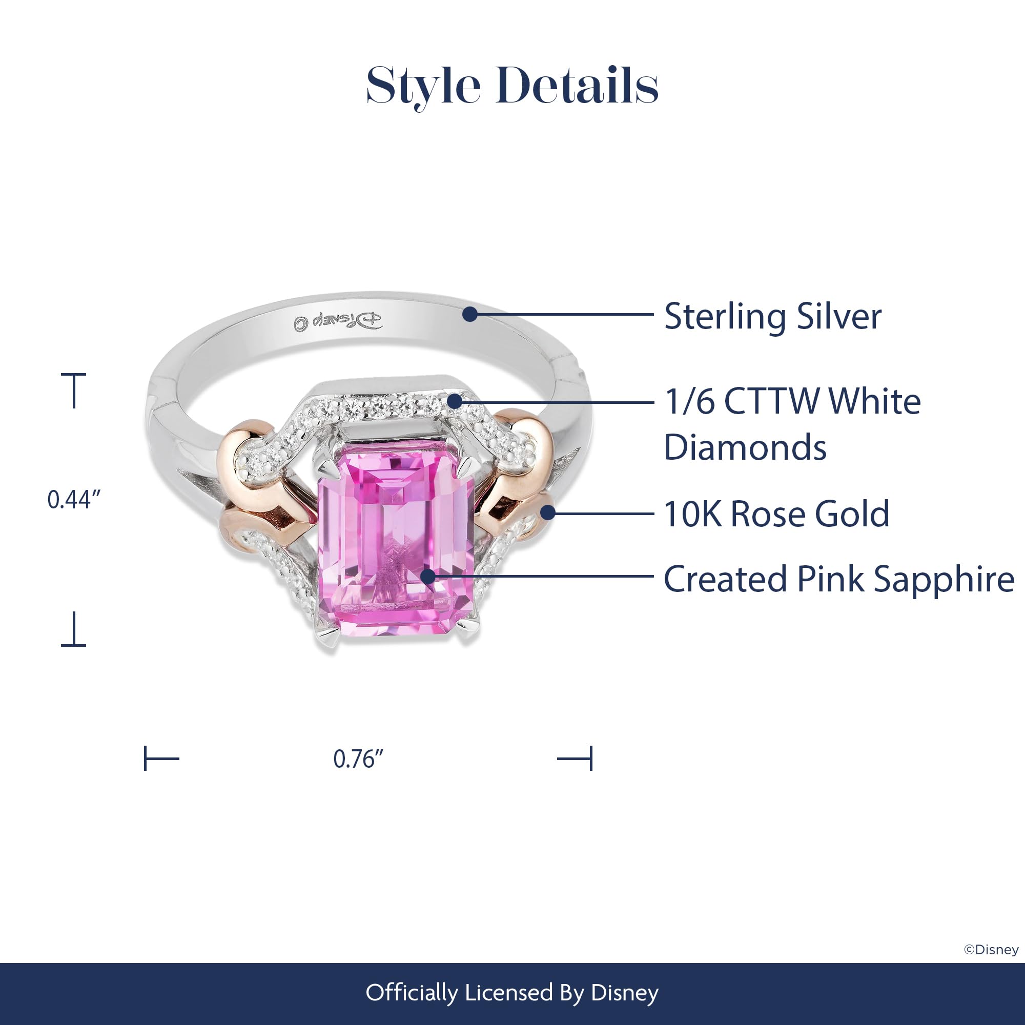 Jewelili Enchanted Disney Fine Jewelry Sterling Silver and 10K Rose Gold with 1/6 Cttw and Created Pink Sapphire Aurora Ring, Size 9