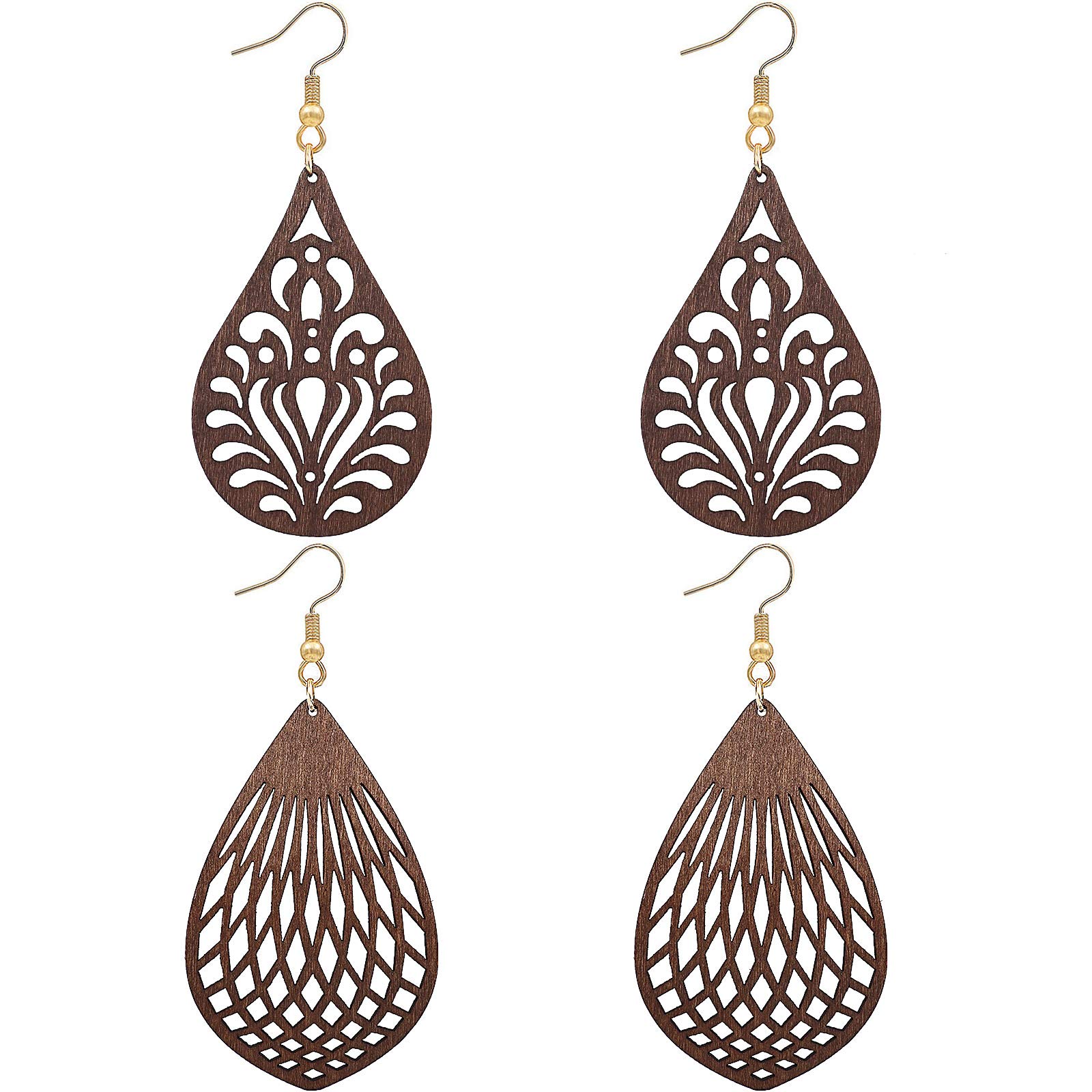 Wovanoo Wood Earrings for Women Natural Wooden Teardrop Drop Dangle Earring Flower Brown