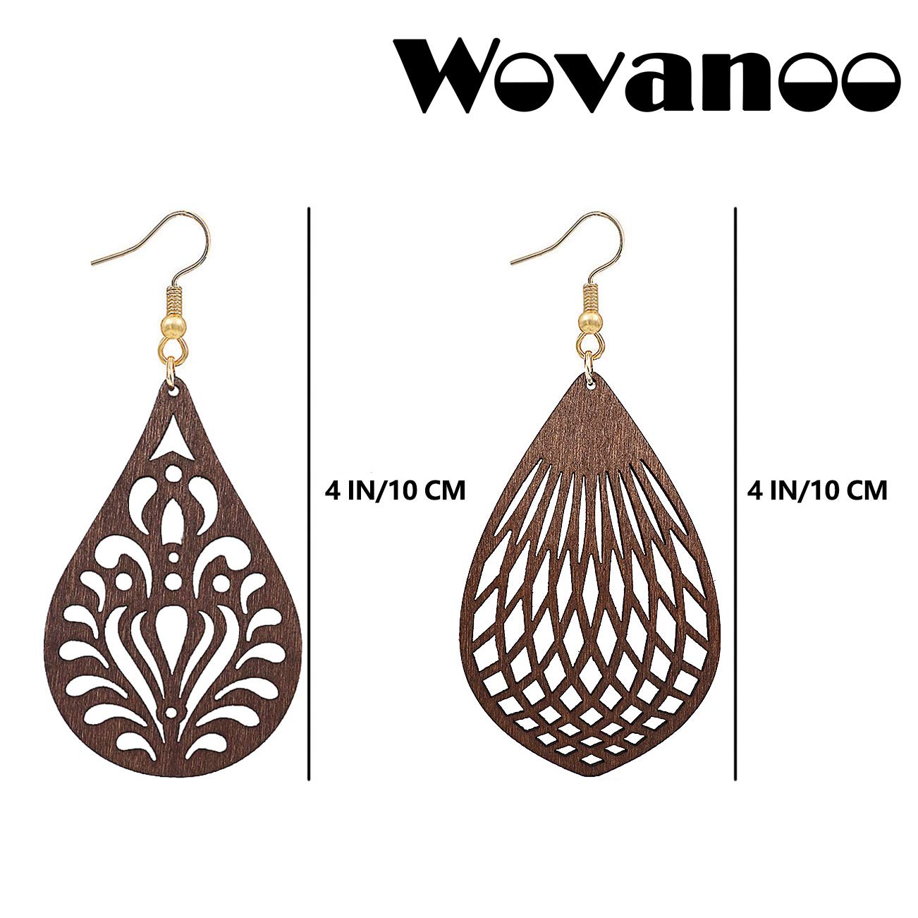 Wovanoo Wood Earrings for Women Natural Wooden Teardrop Drop Dangle Earring Flower Brown