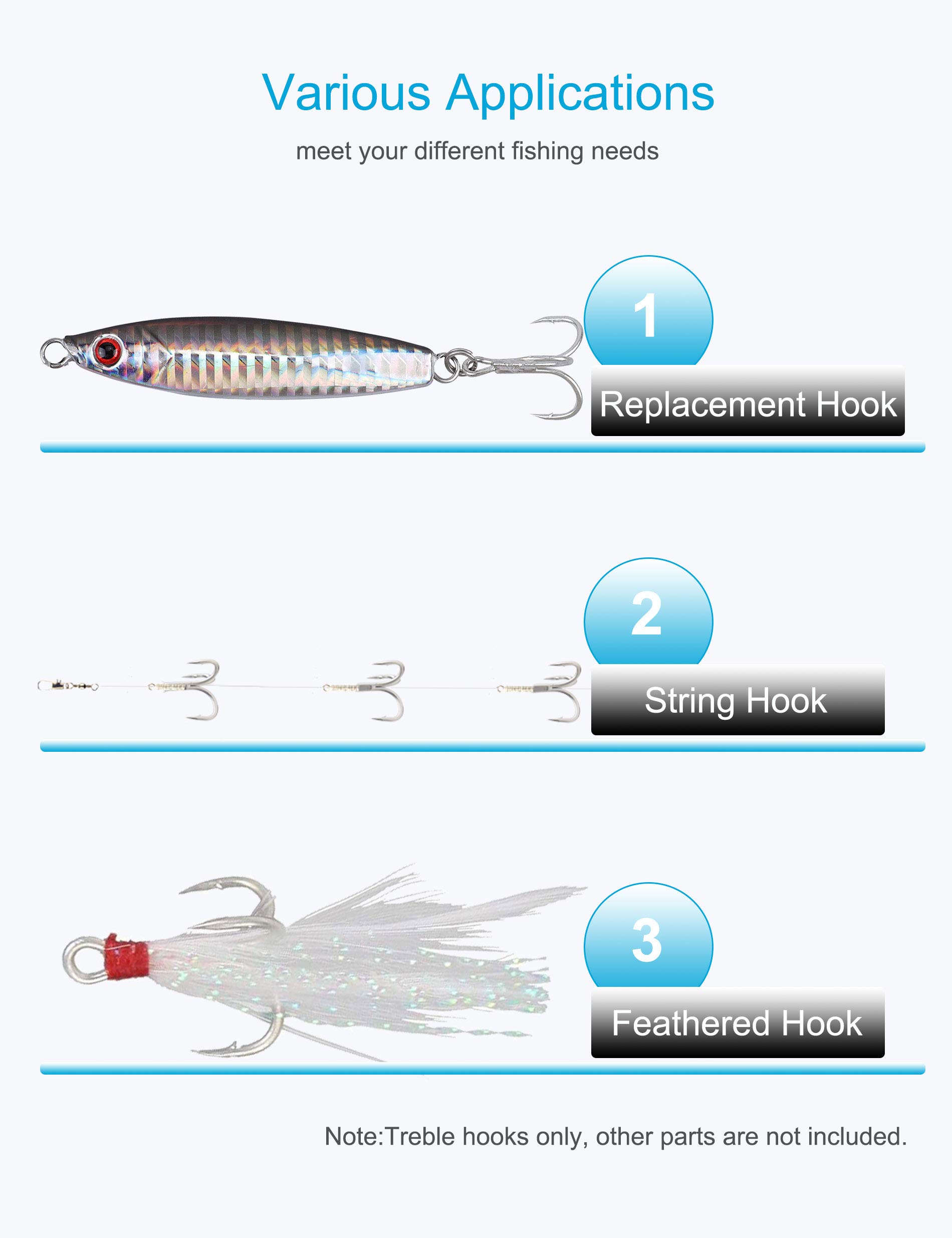 Beoccudo Saltwater Treble Hooks Large Size 4X Strong Triple Fishing Hooks for Big Game Trout Bluefish Salmon Kingfish