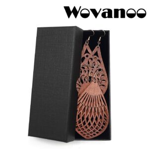 Wovanoo Wood Earrings for Women Natural Wooden Teardrop Drop Dangle Earring Flower Brown