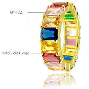 ORENTINI 18K Gold Plated Eternity Rainbow Ring Band For Women with Multi-Color Emerald Cut Cubic Zirconia Gemstones Wedding Band Engagement Anniversary