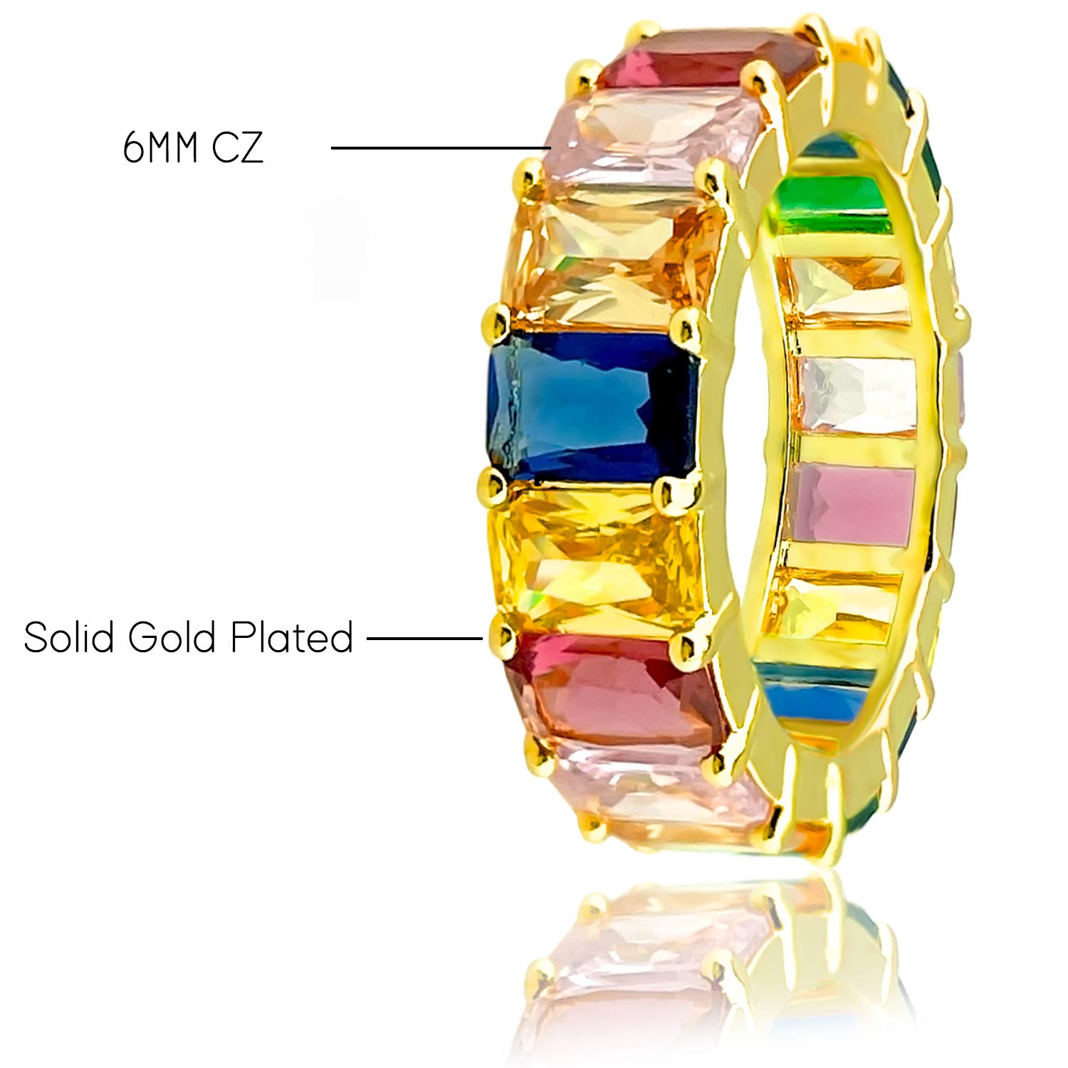 ORENTINI 18K Gold Plated Eternity Rainbow Ring Band For Women with Multi-Color Emerald Cut Cubic Zirconia Gemstones Wedding Band Engagement Anniversary