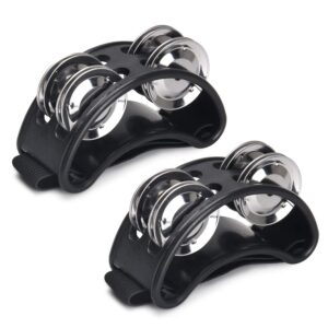 facmogu 2pcs foot tambourine percussion, musical instrument percussion pedal with steel jingle bells for drum & guitar playing, foot percussion shakers with elastic strap for adults - black