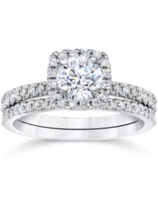 1 ct diamond cushion halo engagement wedding ring set 14k white gold - size 7