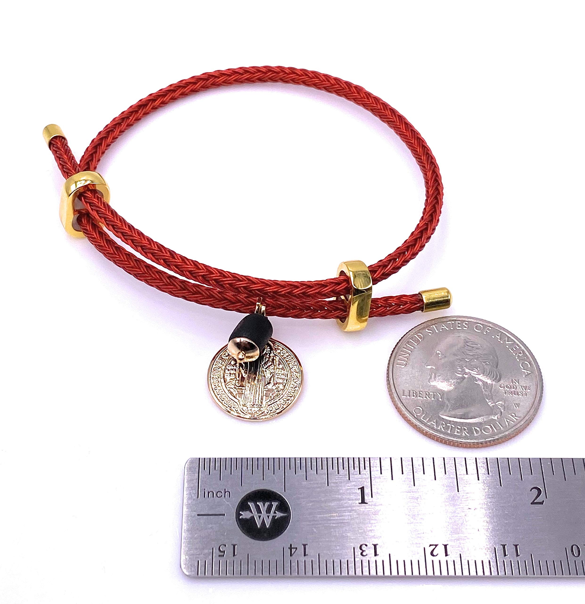 LESLIE BOULES 18K Gold Plated Saint Benedict Medal Red String Bracelet Charm Genuine Jetstone