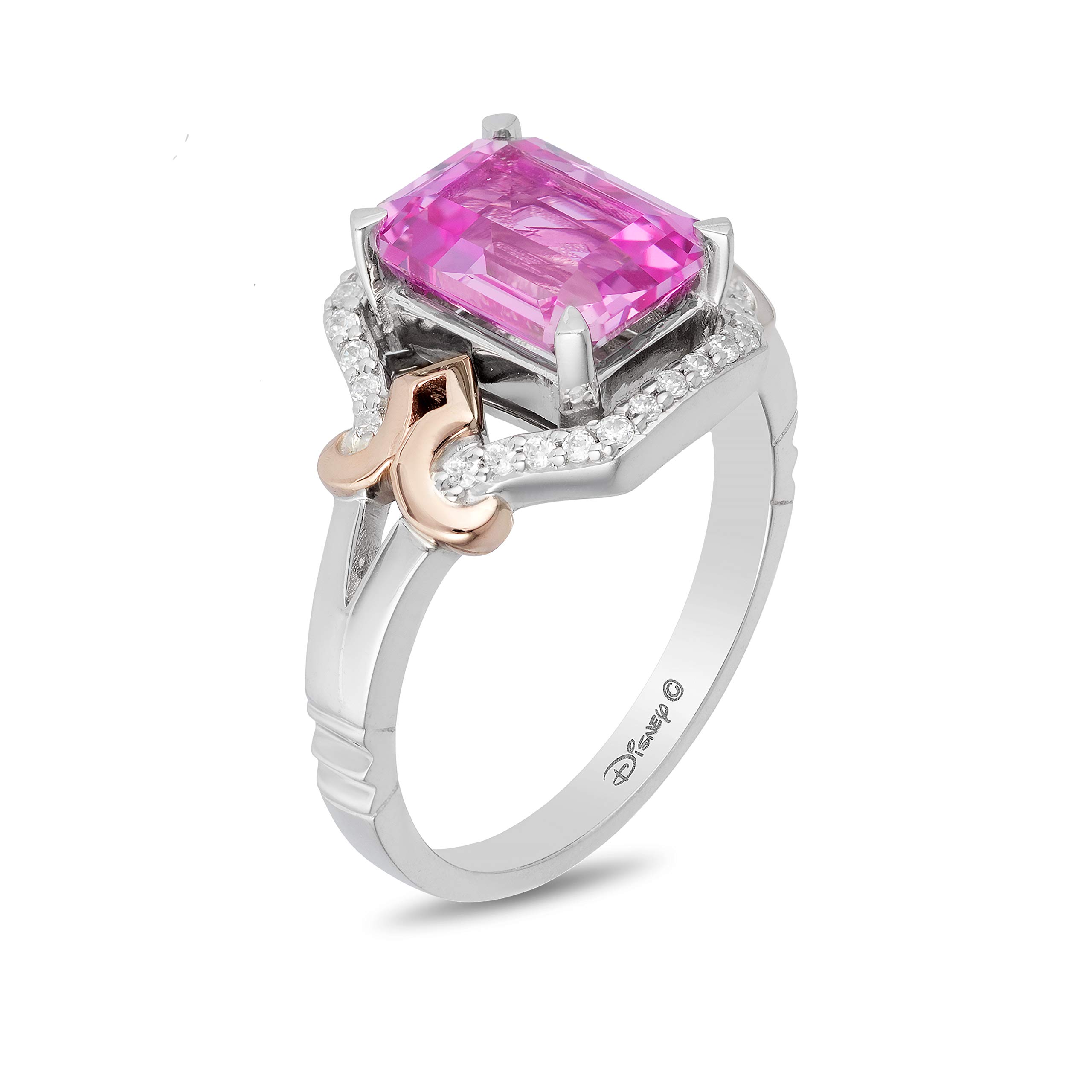 Jewelili Enchanted Disney Fine Jewelry Sterling Silver and 10K Rose Gold with 1/6 Cttw and Created Pink Sapphire Aurora Ring, Size 9