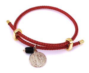 leslie boules 18k gold plated saint benedict medal red string bracelet charm genuine jetstone